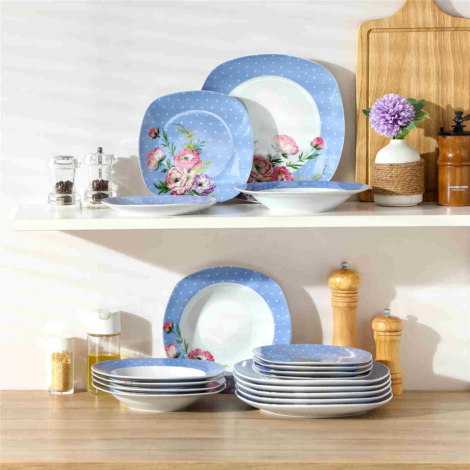 Hannah Porcelain Dinnerware Set – Floral & Polka Dot Design