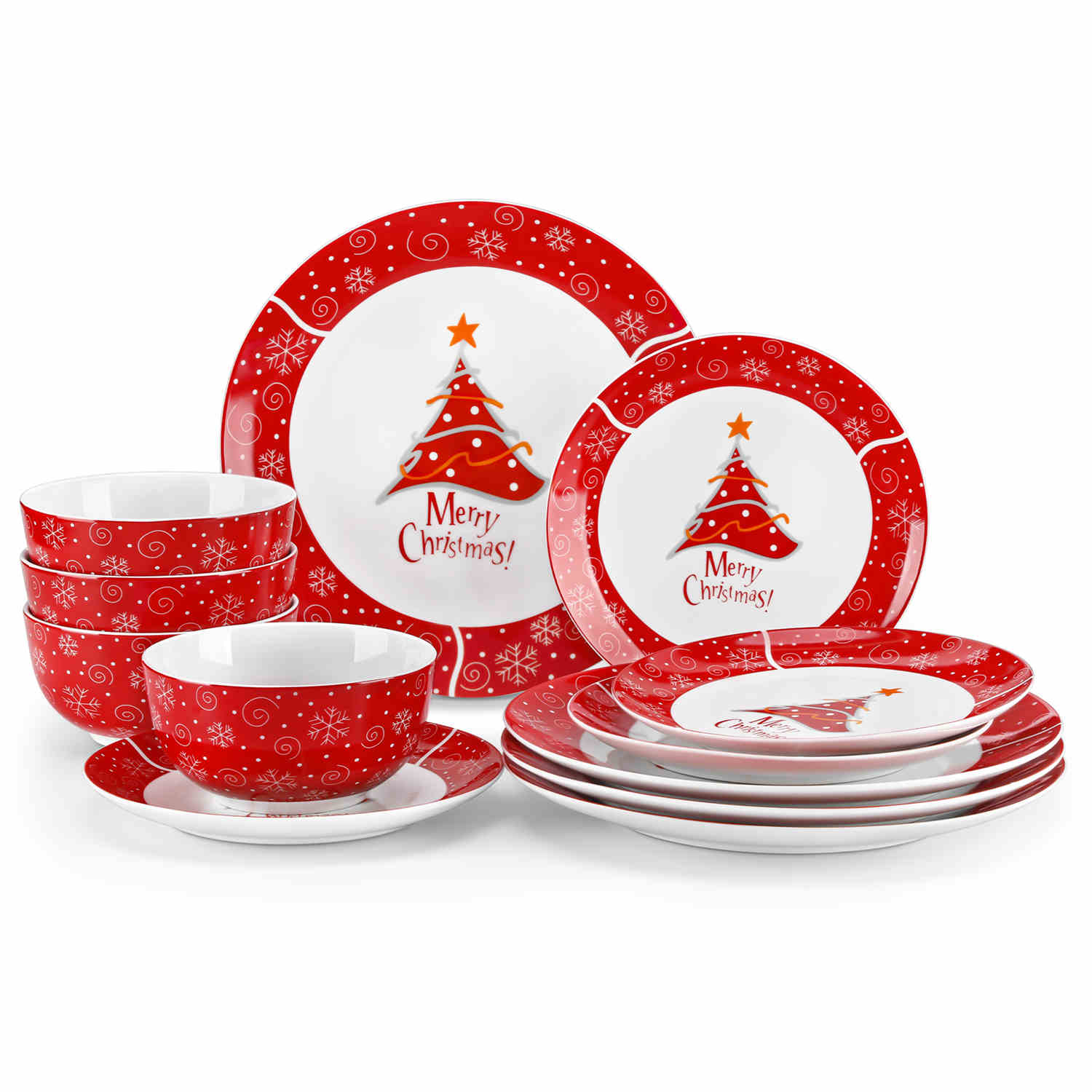 12-Piece Christmastree Dinnerware Set | Red Porcelain with Snowflakes ...